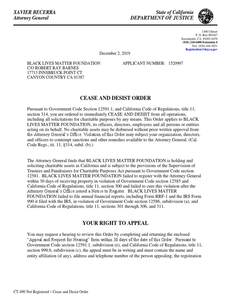 Cease and Desist Order: Xavier Becerra Attorney General State of ...