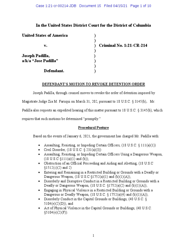 Padilla Motion To Revoke Detention Order | PDF | Bail | Criminal Justice