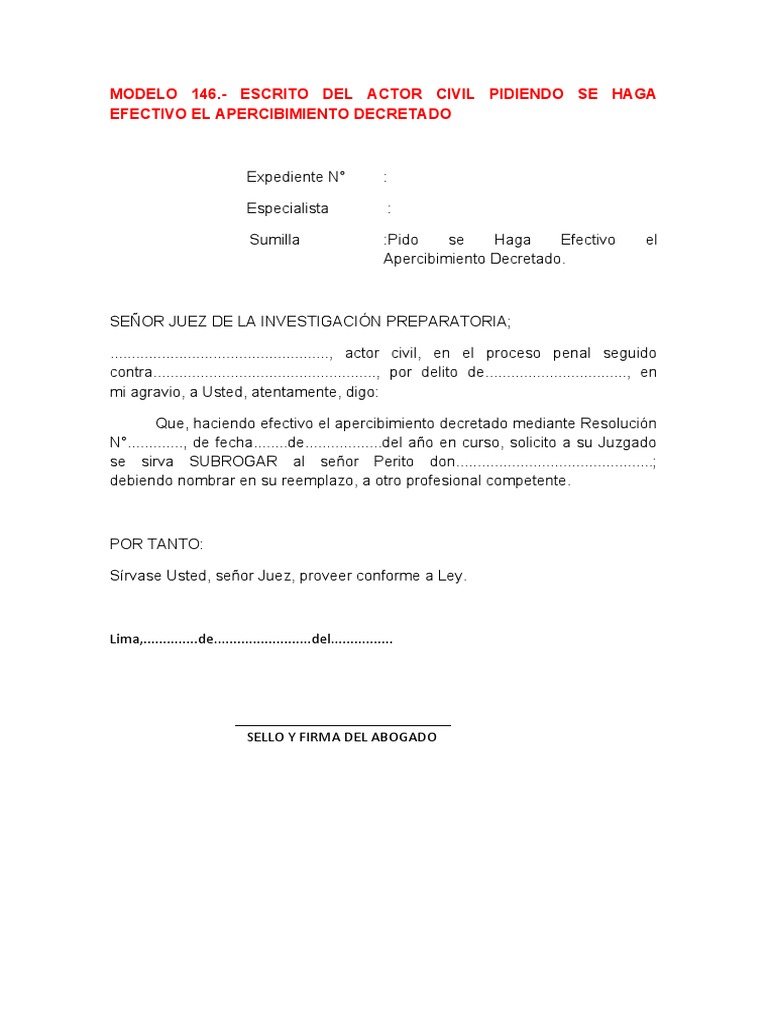Modelo De Escrito Del Actor Civil Pidiendo Se Haga Efectivo El
