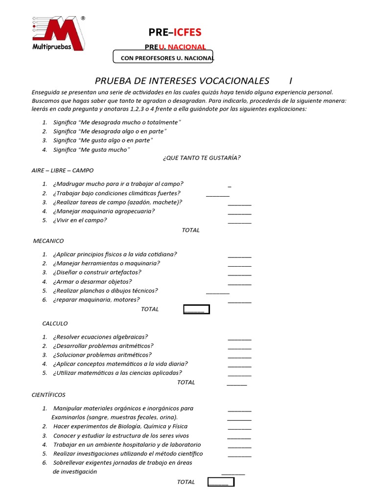Prueba de Intereses Vocacionales I: U Nacionall | PDF | Enseñanza de ...