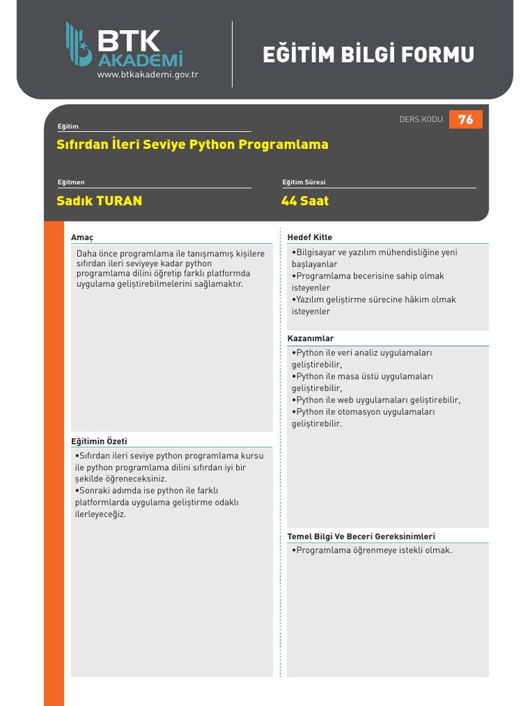 Sıfırdan Ileri Seviye Python Programlama Egitim Bilgi Formu | PDF
