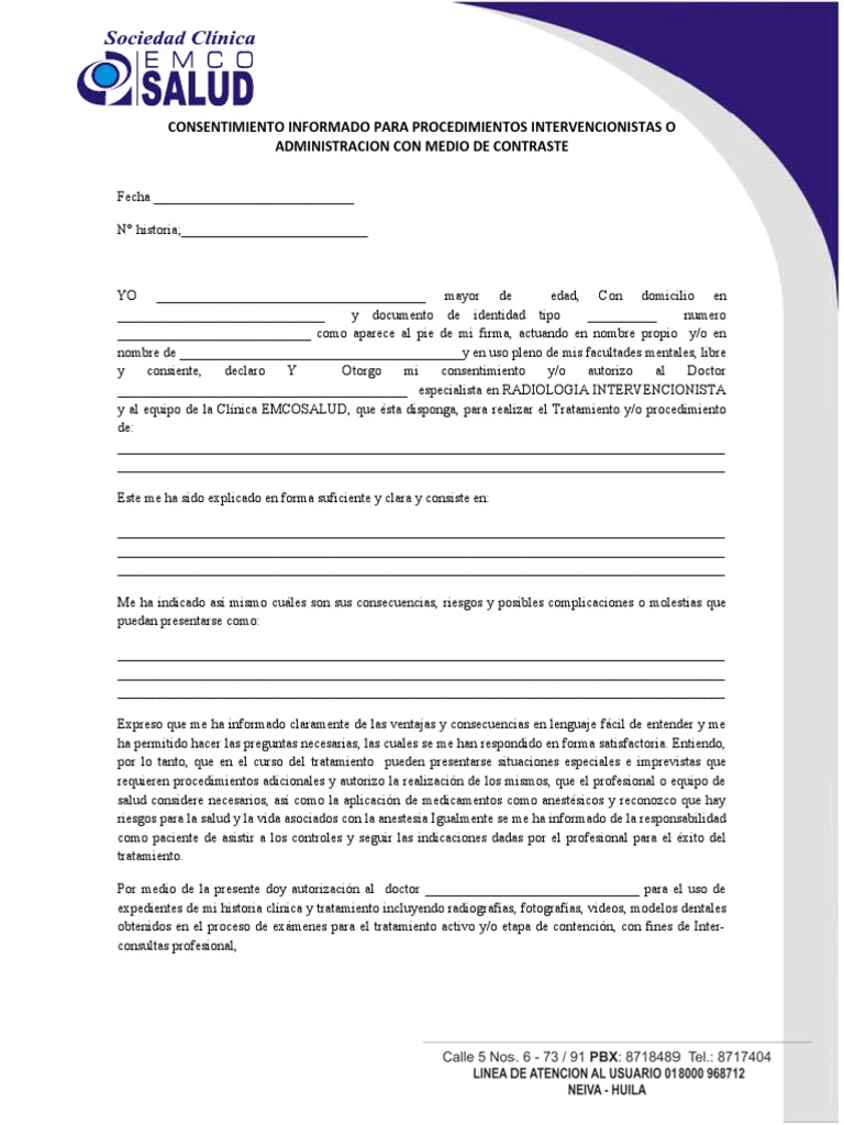 Formato Consentimiento Informado Administracion Con Medio de Contraste | PDF | Consentimiento ...