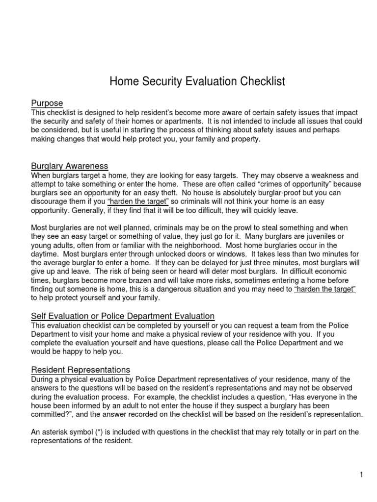 Home Security Evaluation Checklist | PDF | Door | Burglary