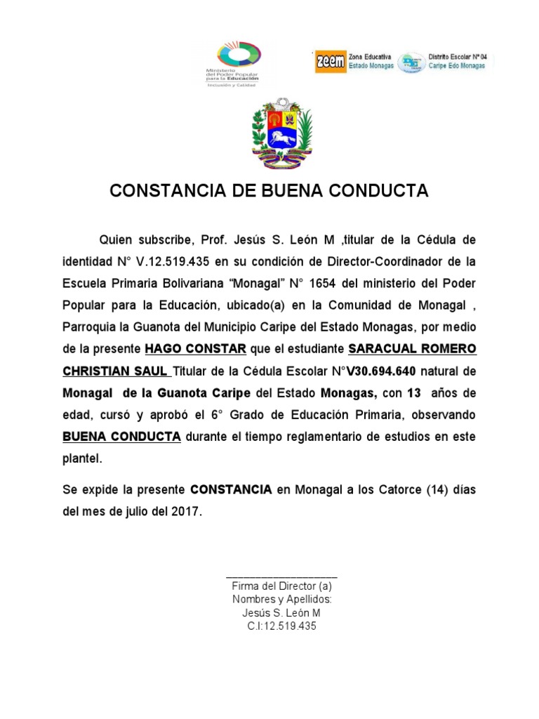Constancias de Conducta Escolar Monagal | PDF | Estudiantes | Etapas ...