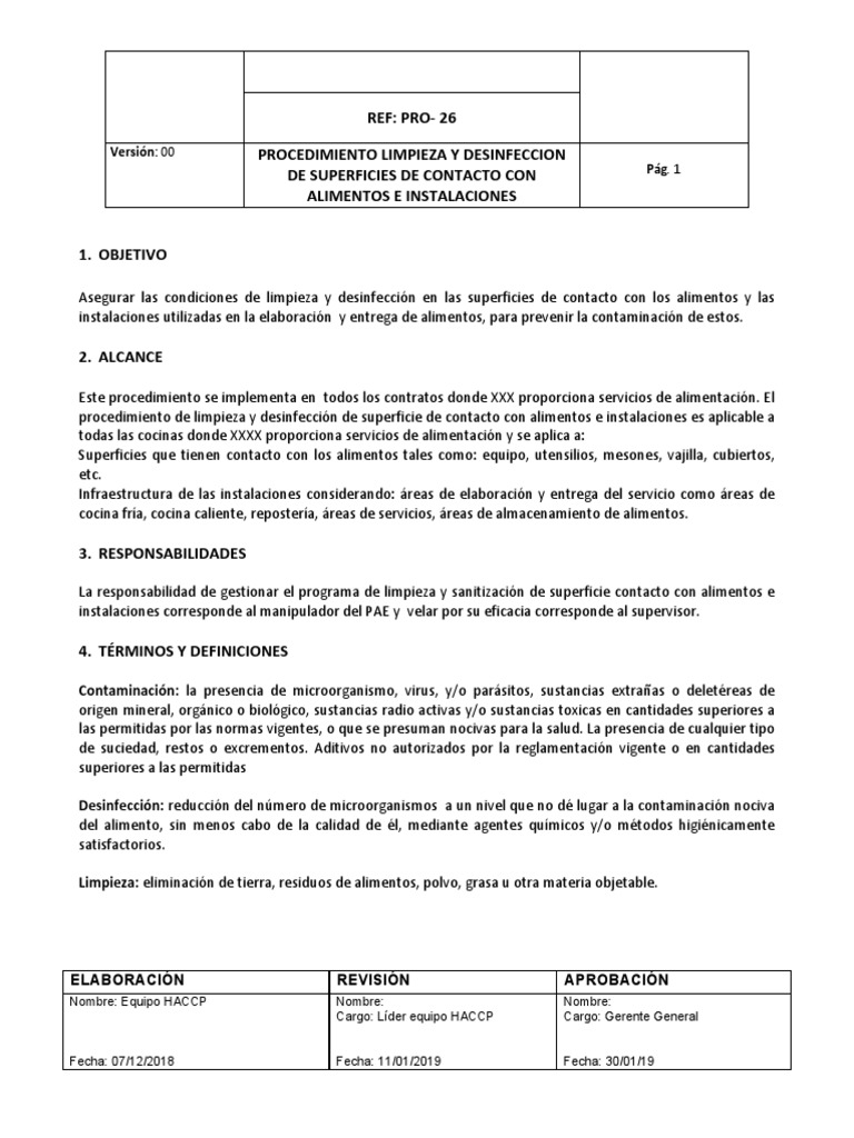 Procedimiento Limpieza y Desinfeccion de Superficie Contacto Con Alimentos e Instalaciones | PDF ...