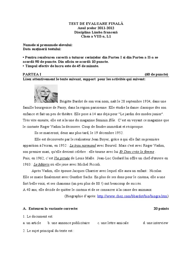 Test de français : Évaluation finale VIII | PDF