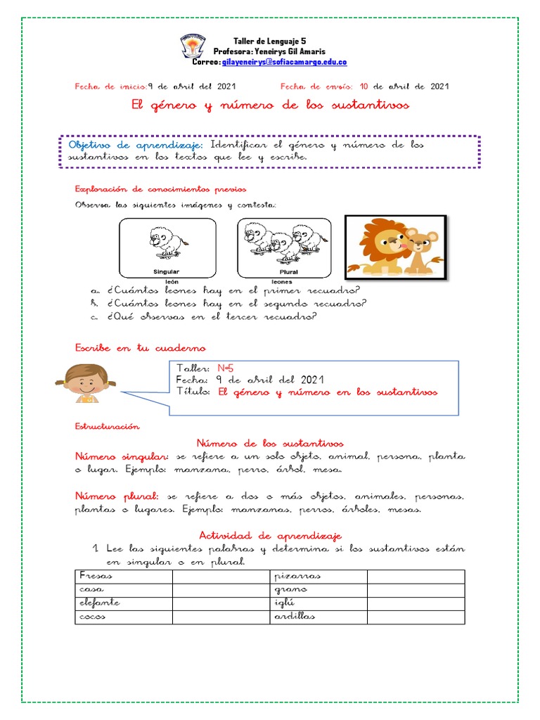 Taller de Singular Plural Femenino Masculino | PDF | Sustantivo ...