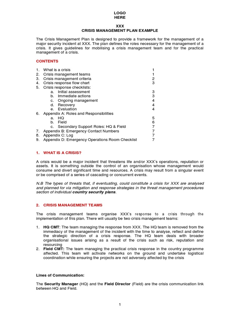 EISF Crisis Management Plan Sample | PDF | Crisis Management ...