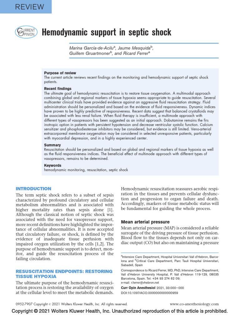 Hemodynamic Support in Septic Shock | PDF | Sepsis | Shock (Circulatory)