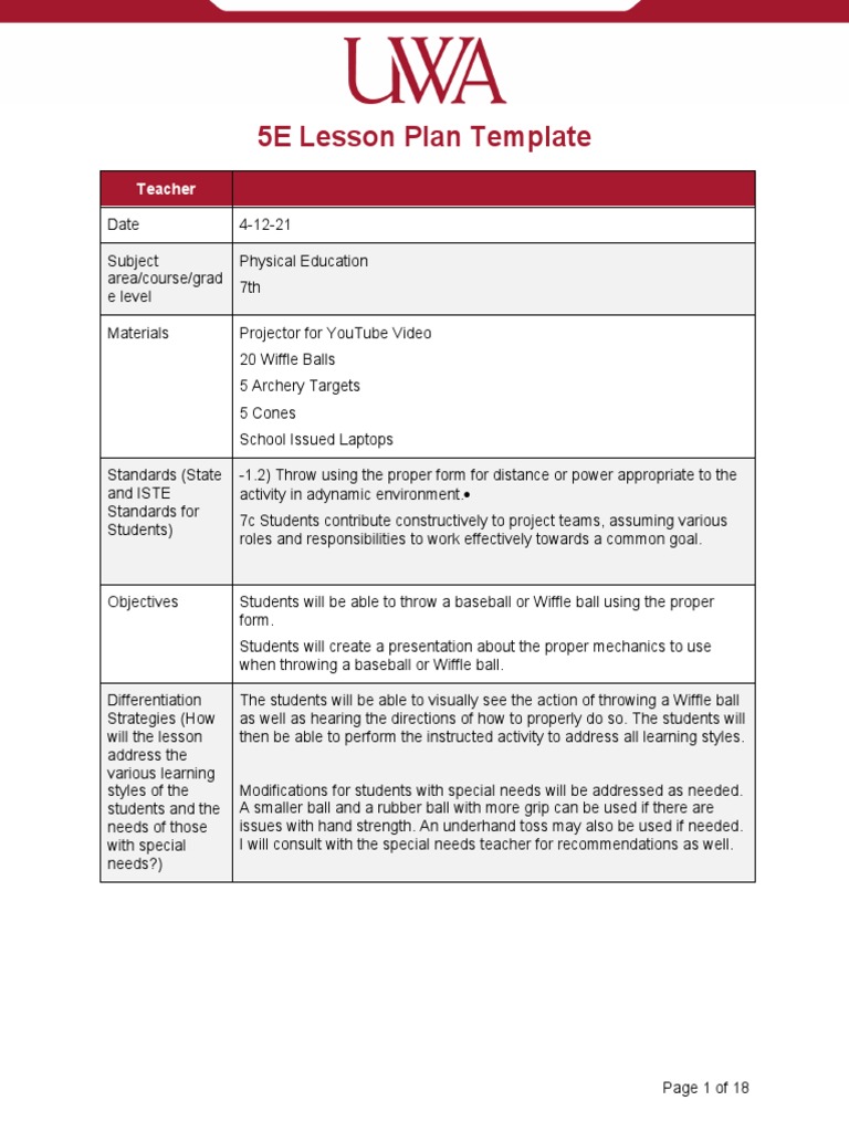 5E Physical Education Lesson Plan | PDF | Softball | Lesson Plan