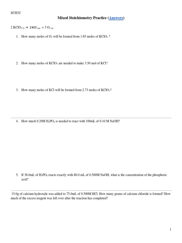 Mixed Stoichiometry Practice : Answers | PDF | Oxide | Hydrochloric Acid