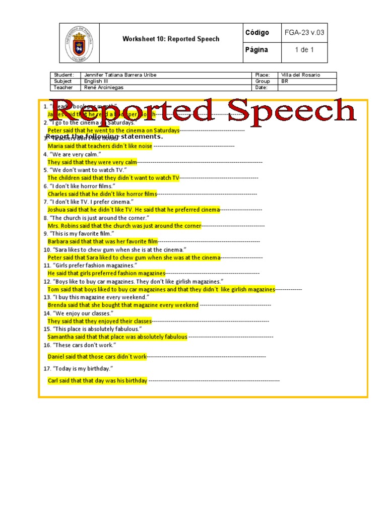 Reported Speech Practice Worksheet | PDF