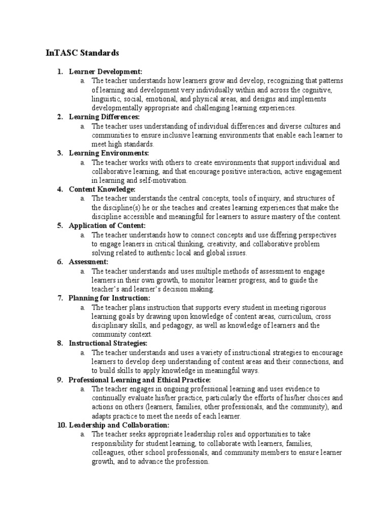 Intasc Standards For Portfolio | PDF | Learning | Teachers