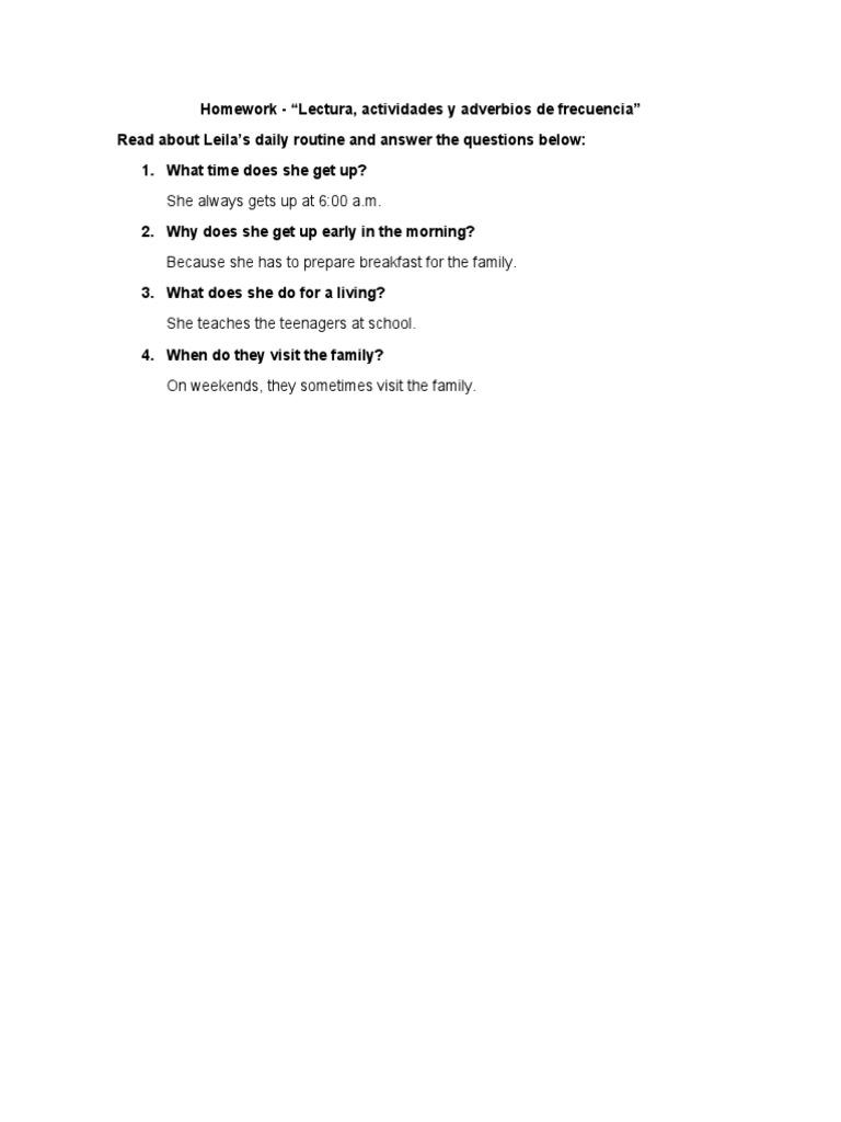 Homework - "Lectura, Actividades y Adverbios de Frecuencia" | PDF