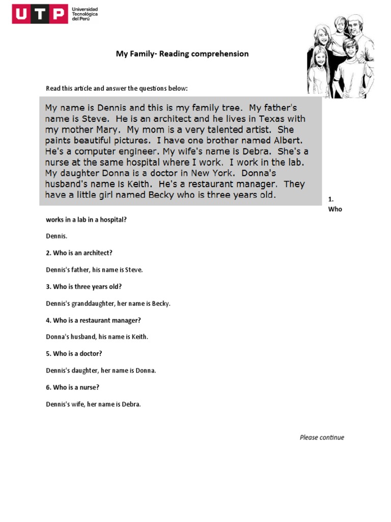My Family-Reading Comprehension: Read This Article and Answer The ...