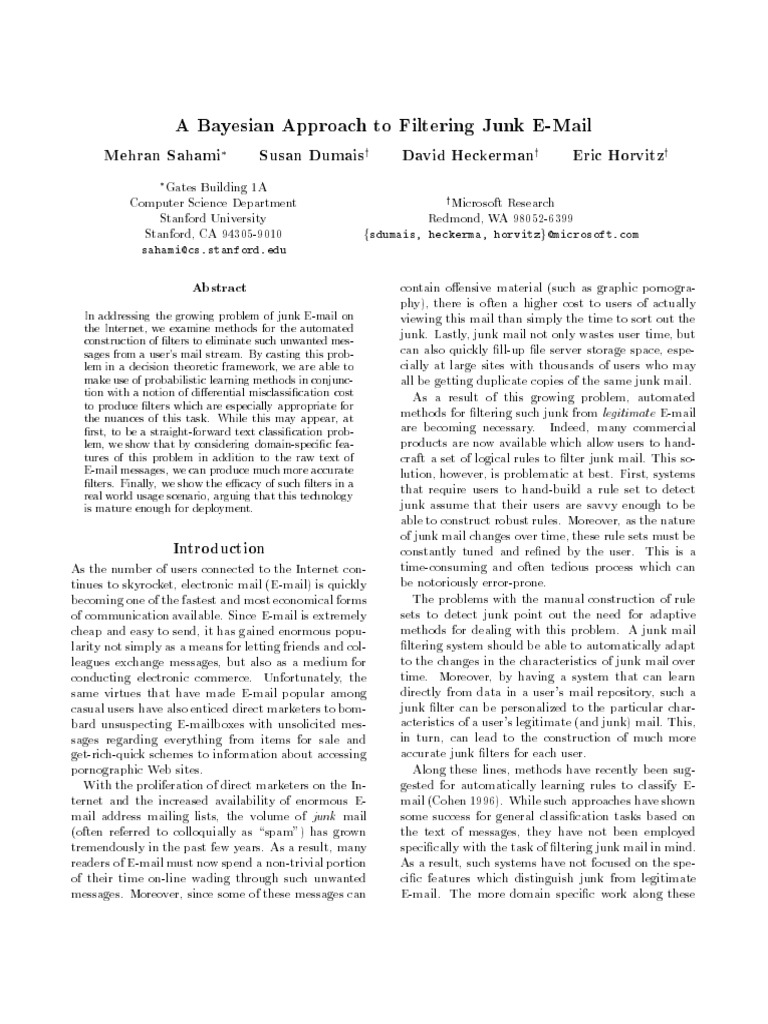 A Bayesian Approach To Filtering Junk E Mail | PDF | Bayesian Network | Email Spam