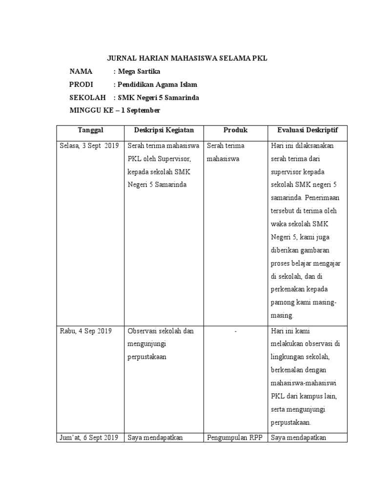 Jurnal Harian PKL Mahasiswa SMK | PDF