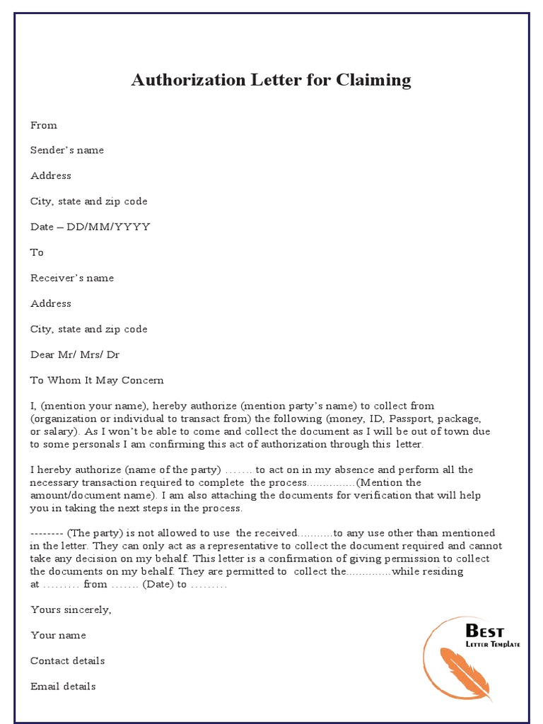 Authorization Letter For Claiming | PDF