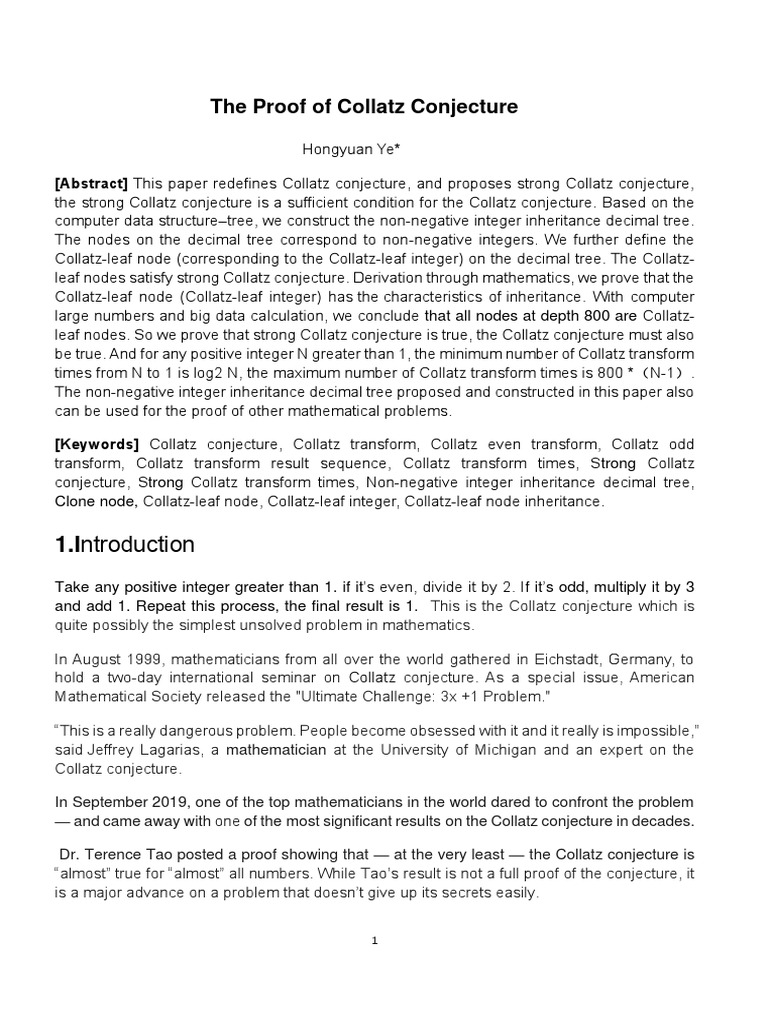 Proof Of Collatz Conjecture Using Decimal Tree Pdf Conjecture Numbers