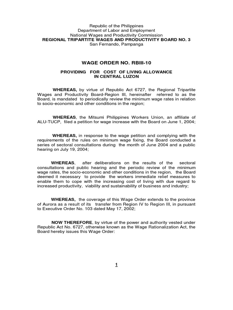 Wage Order No. Rbiii-10 | PDF | Injunction | Employment