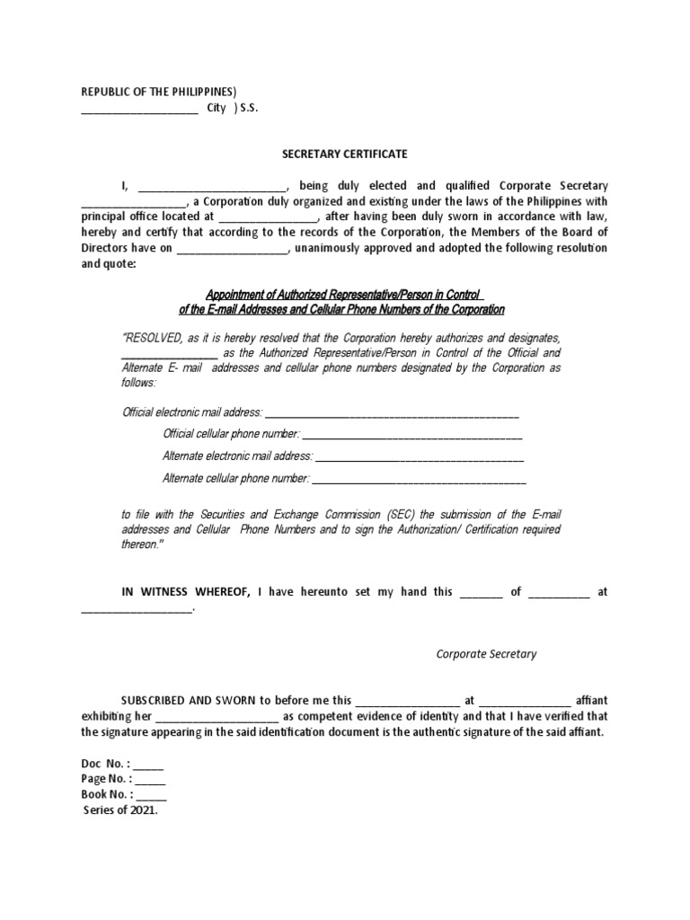 Secretary Certificate for Authorized Rep | PDF