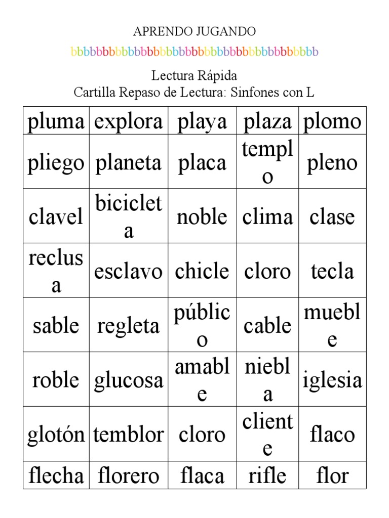 Aprendo Jugando - Cartilla de Lectura - Repaso Sílabas Trabadas Con L | PDF