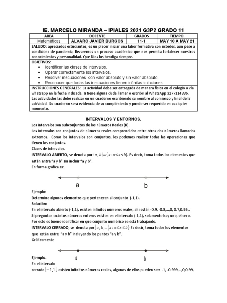Grado 11 G3P2 Intervalos y Entornos | PDF | Intervalo (Matemáticas) | Álgebra abstracta