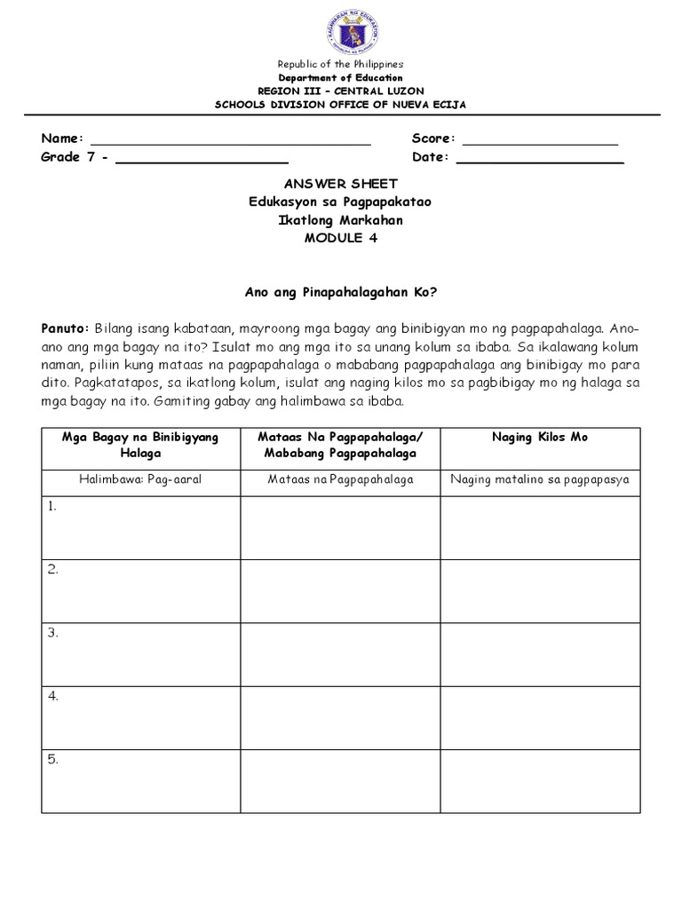 Answer Sheet Esp 4-5 Week | PDF