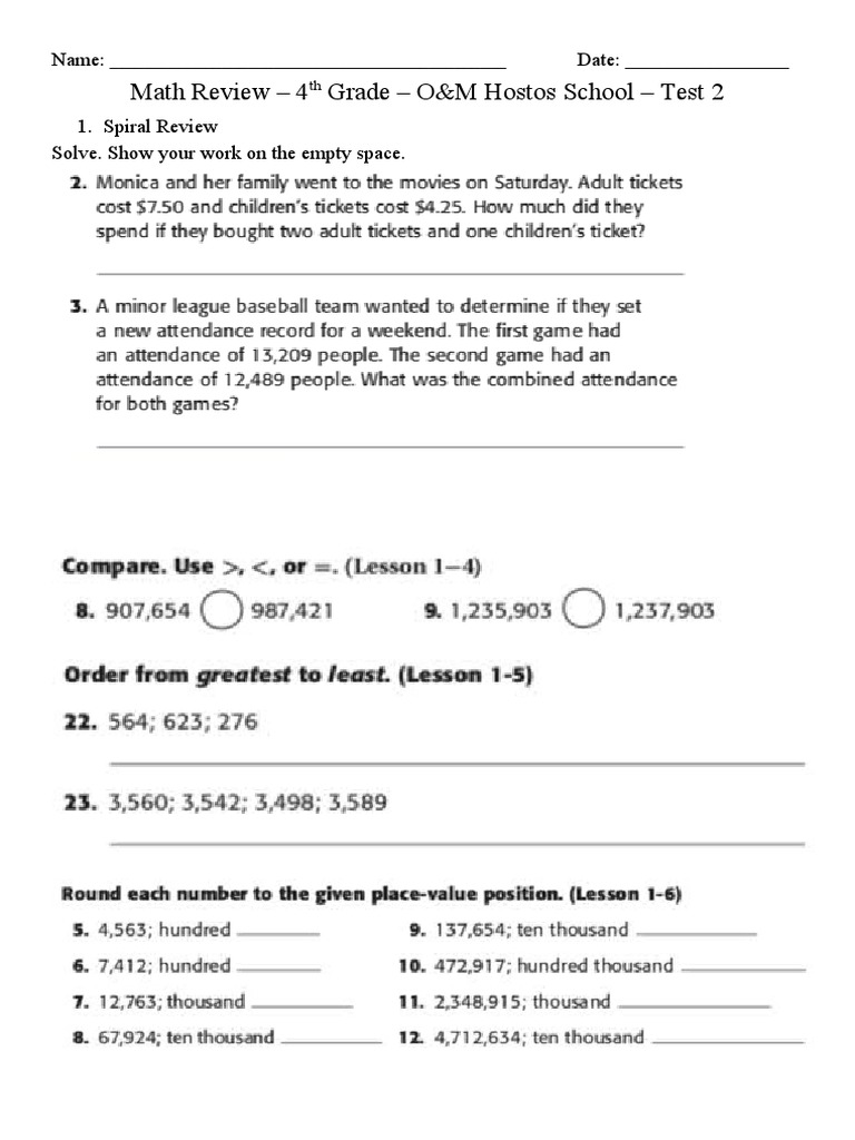 Math Review - 4th Grade OM Hostos School - Test 2 | PDF | Language Arts ...