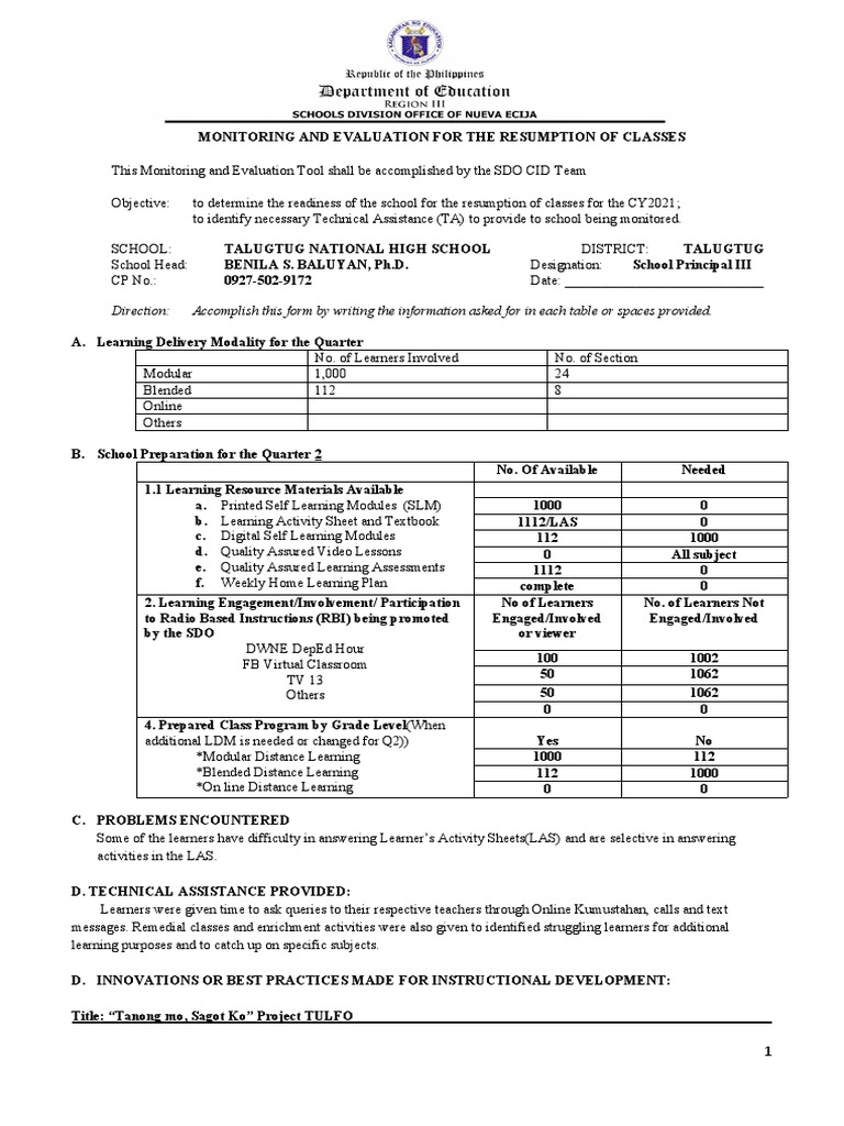CID-MONITORING-FORM-For-the-RESUMPTION-OF-CLASSES - JHS | PDF ...
