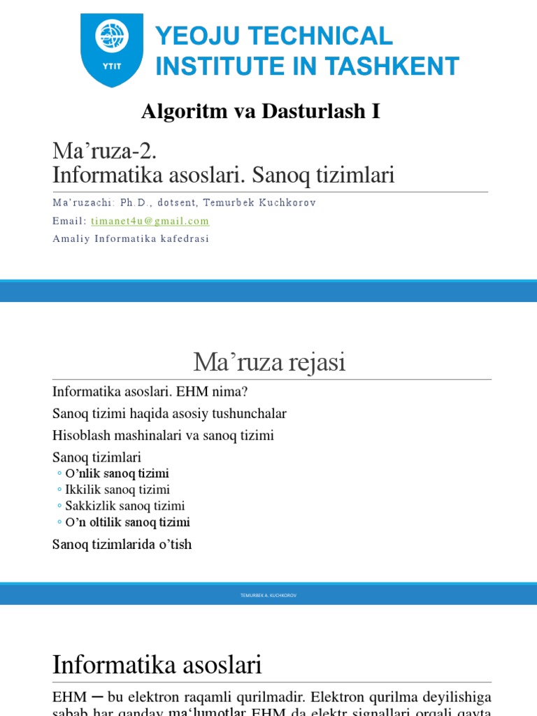 Maruza-2. Informatika Asoslari. Sanoq Tizimlari | PDF
