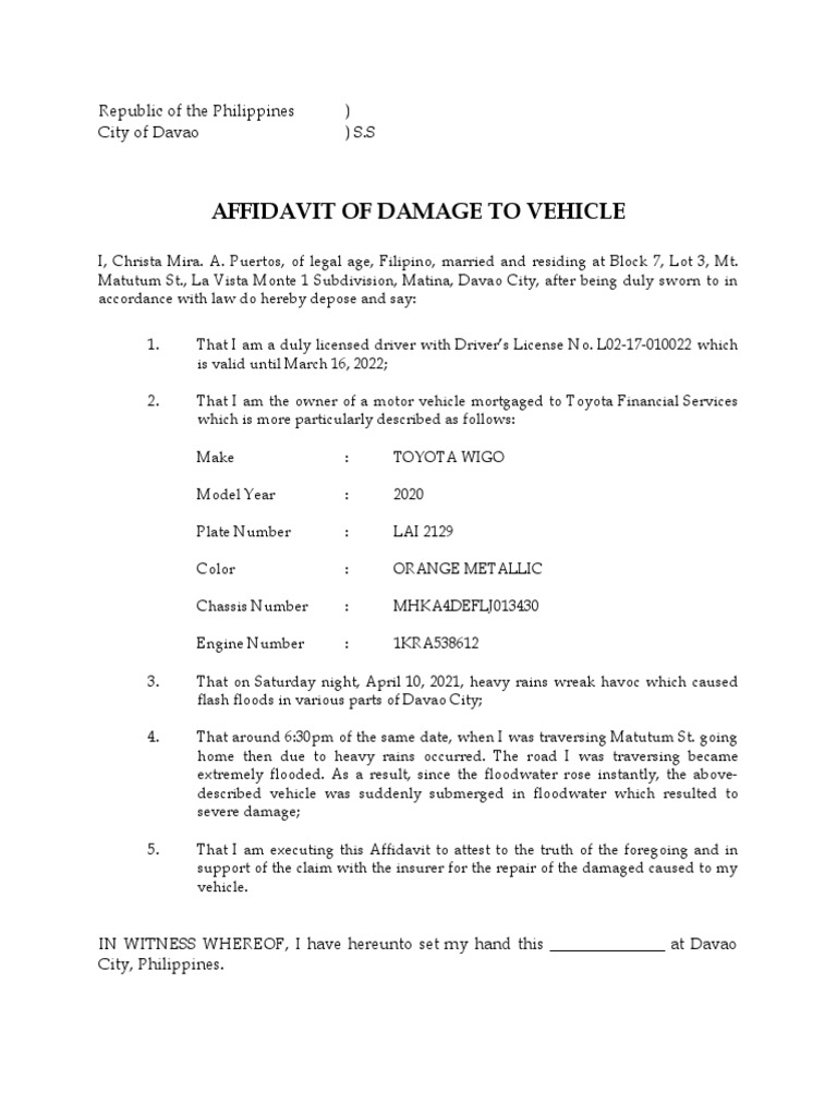 Affidavit of Damage To Vehicle | PDF