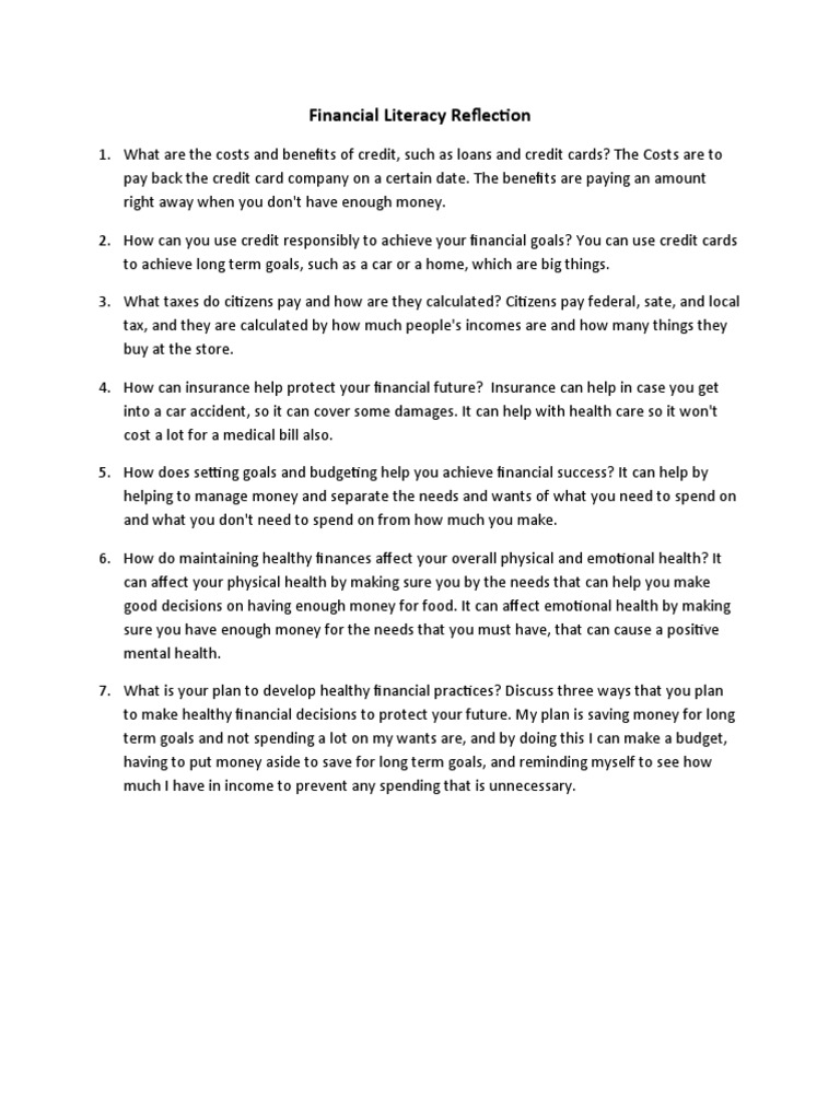 Lesson 14 - Financial Literacy Reflection 1 | PDF