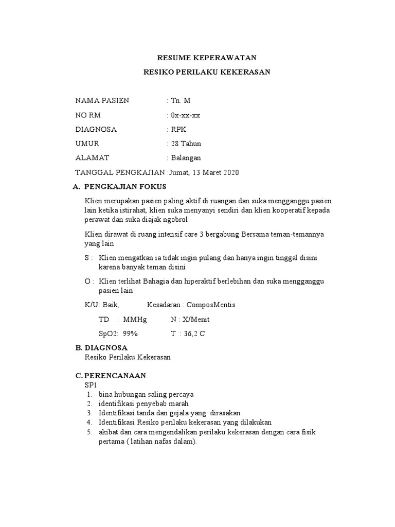 Resume Resiko Perilaku Kekerasan | PDF