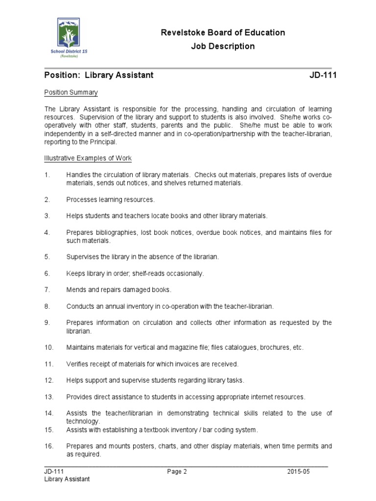 Library Assistant Job Description | PDF | Librarian | Libraries