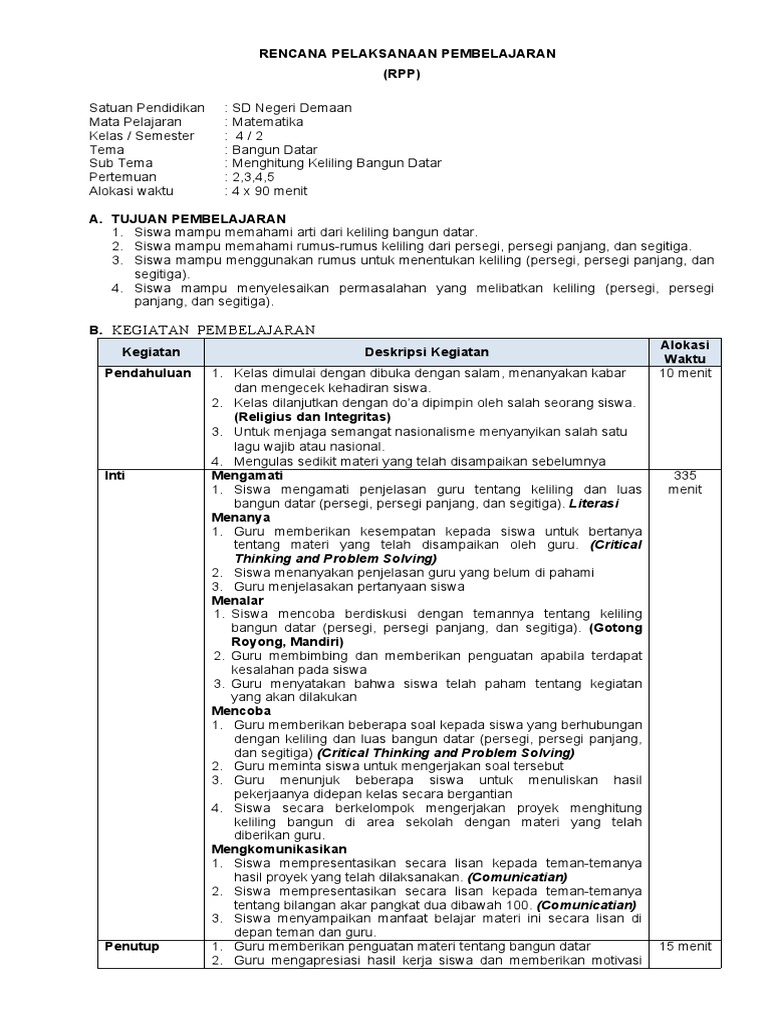 RPP MTK Kelas 4 SM 2 - Menghitung Keliling Bangun Datar | PDF | Karier & Perkembangan | Seni ...