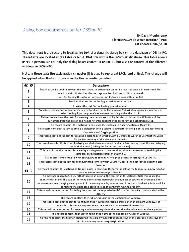 Dialog Box Documentation For Dssim-Pc: Ad - Id Description | PDF | Dialog Box | Menu (Computing)