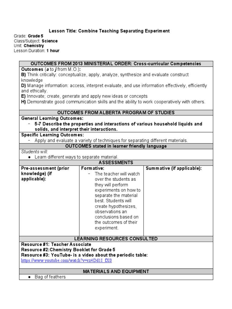 Grade: Grade 5 Class/Subject: Science Unit: Chemistry Lesson Duration ...