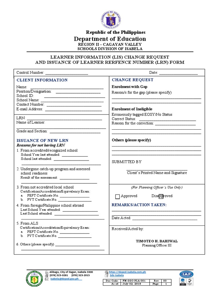 LRN Change Request Form for DepEd | PDF | Further Education | Business