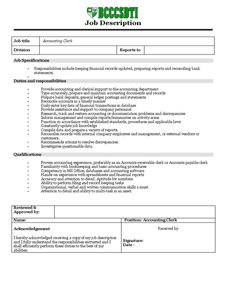 Job Description: Accounting Clerk | PDF | Bookkeeping | Accounting