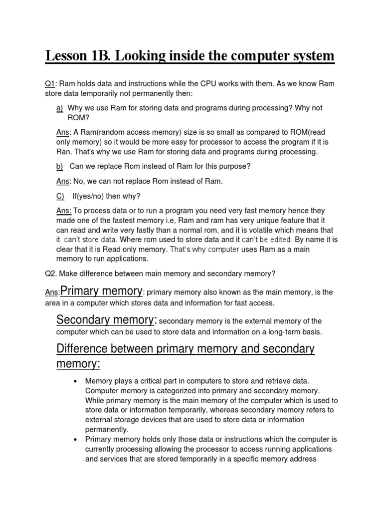 Lesson 1B. Looking Inside The Computer System | Download Free PDF | Computer Data Storage ...