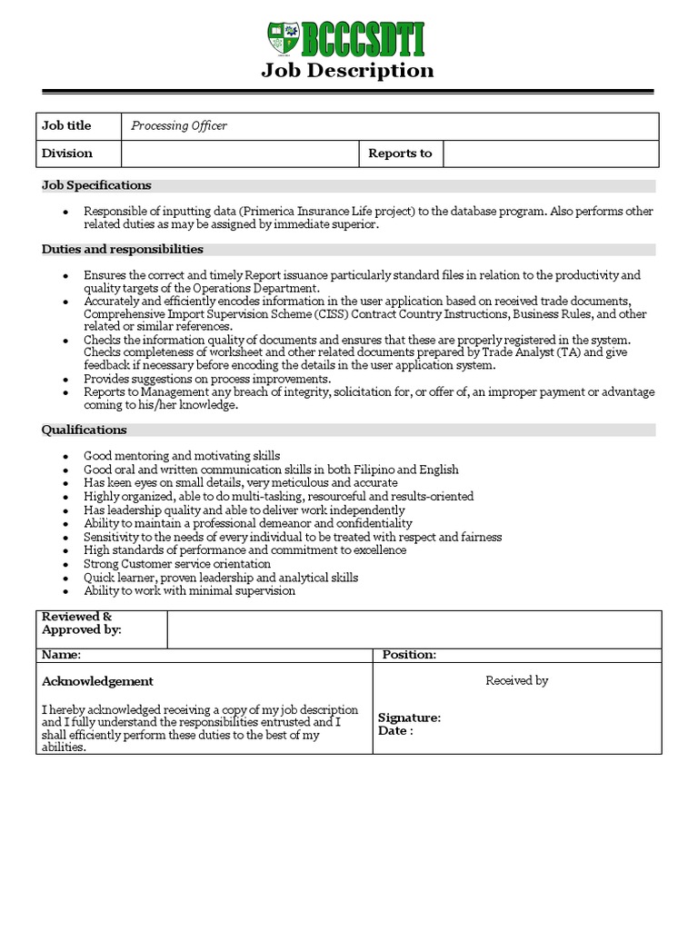 Processing Officer | PDF | Leadership | Information Technology