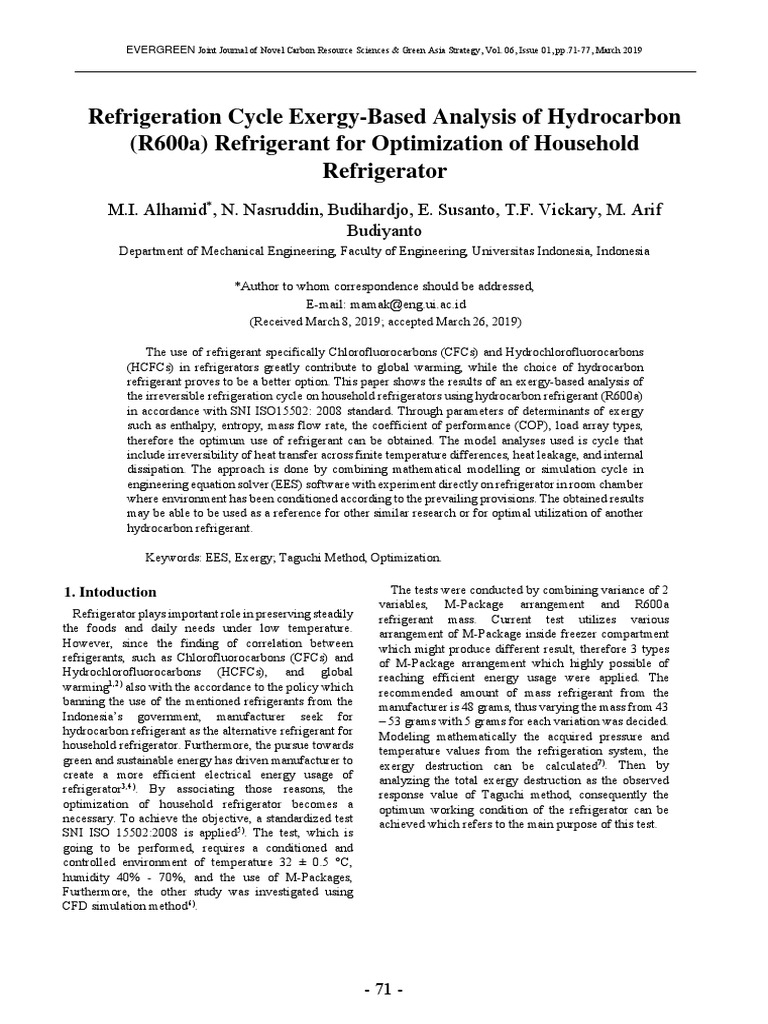2019 - Refrigeration Cycle Exergy-Based Analysis of Hydrocarbon | PDF | Chlorofluorocarbon ...