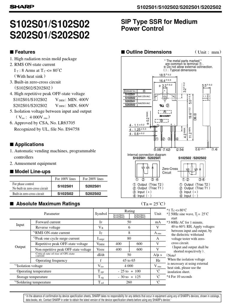 S102S01/S102S02 S202S01/S202S02: SIP Type SSR For Medium Power Control | PDF | Root Mean Square ...