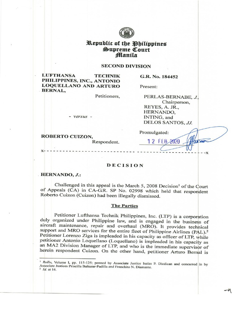 Lufthansa Technik Philippines, Inc., Et Al. vs. Roberto Cuizon | PDF
