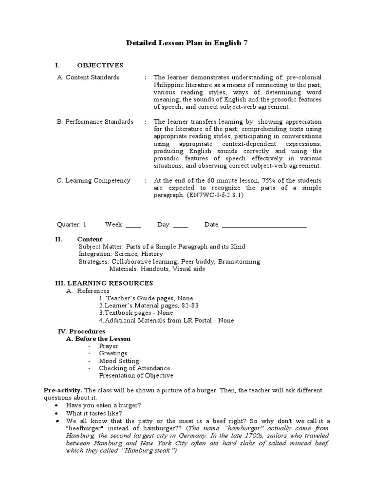 Detailed Lesson Plan in English 2 | PDF | Hamburgers | Lesson Plan