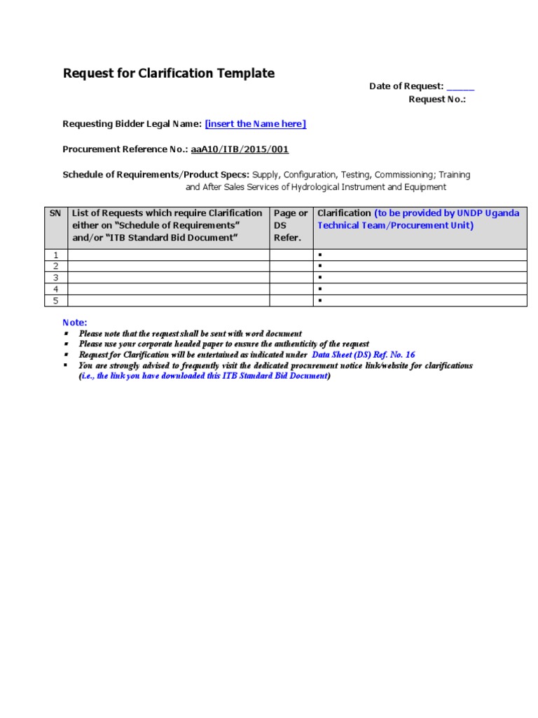 Request For Clarification Template: and After Sales Services of ...