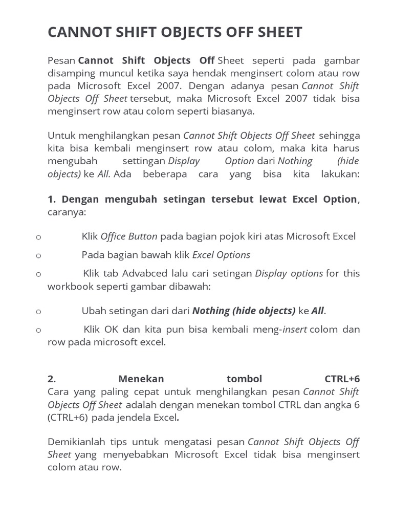 CANNOT SHIFT OBJECTS OFF SHEET Pada EXCELL | PDF