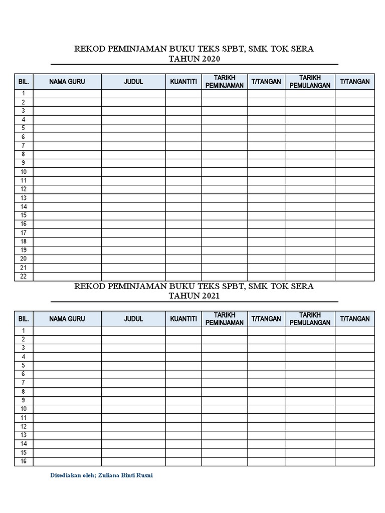 Borang Rekod Peminjaman Buku Teks SPBT (Guru) 2020 | PDF