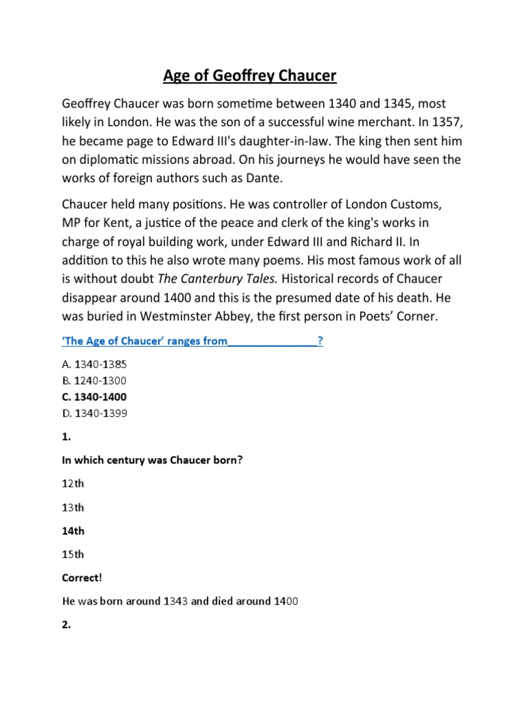 The Age of Chaucer' Ranges From - ? | PDF | The Canterbury Tales ...